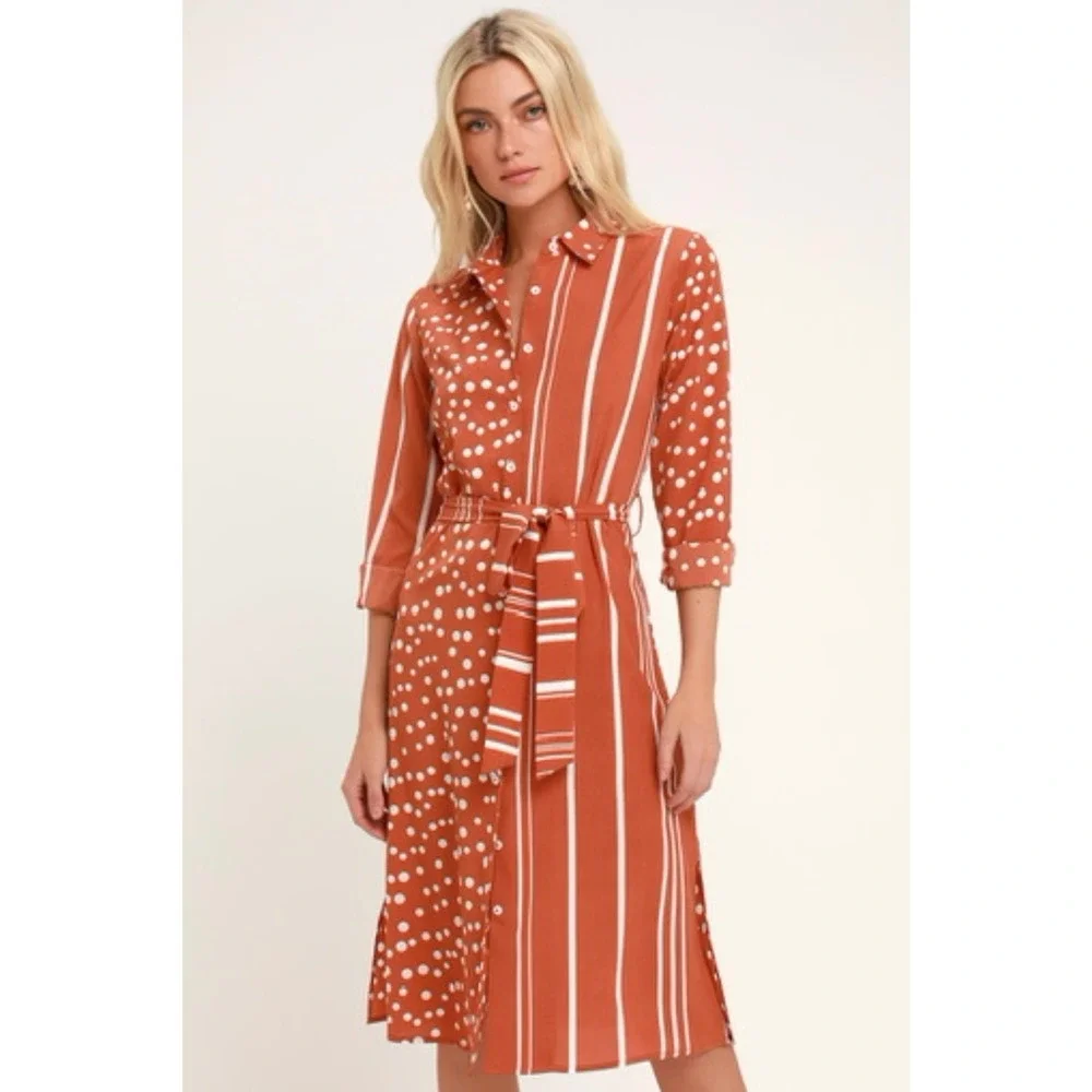 Lulus | Dresses | Lulus Via Dolce Rust Orange Striped Polka Dot Long ...
